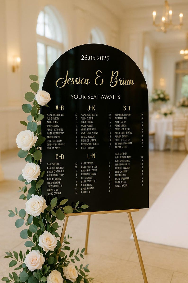 Plano de asientos para bodas, letrero acrílico "Encuentre su asiento ...