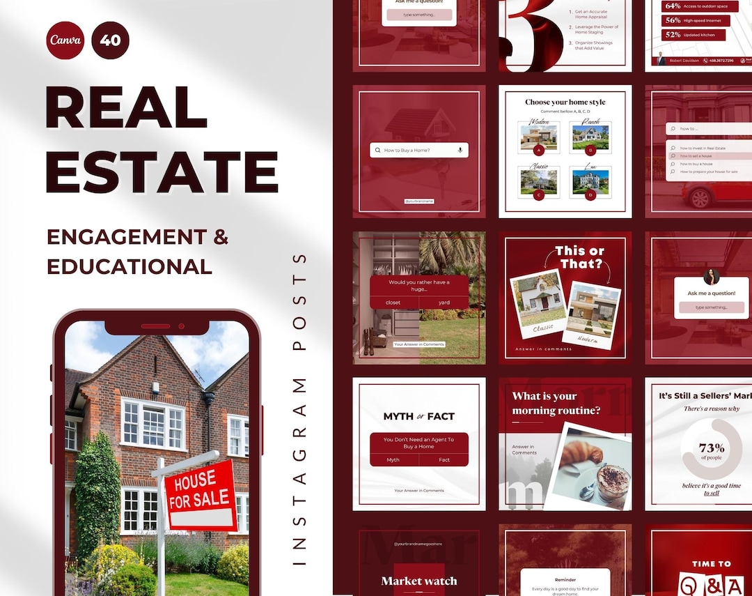 Real Estate Instagram Templates: Red Engagement Posts for Canva (40) - Etsy