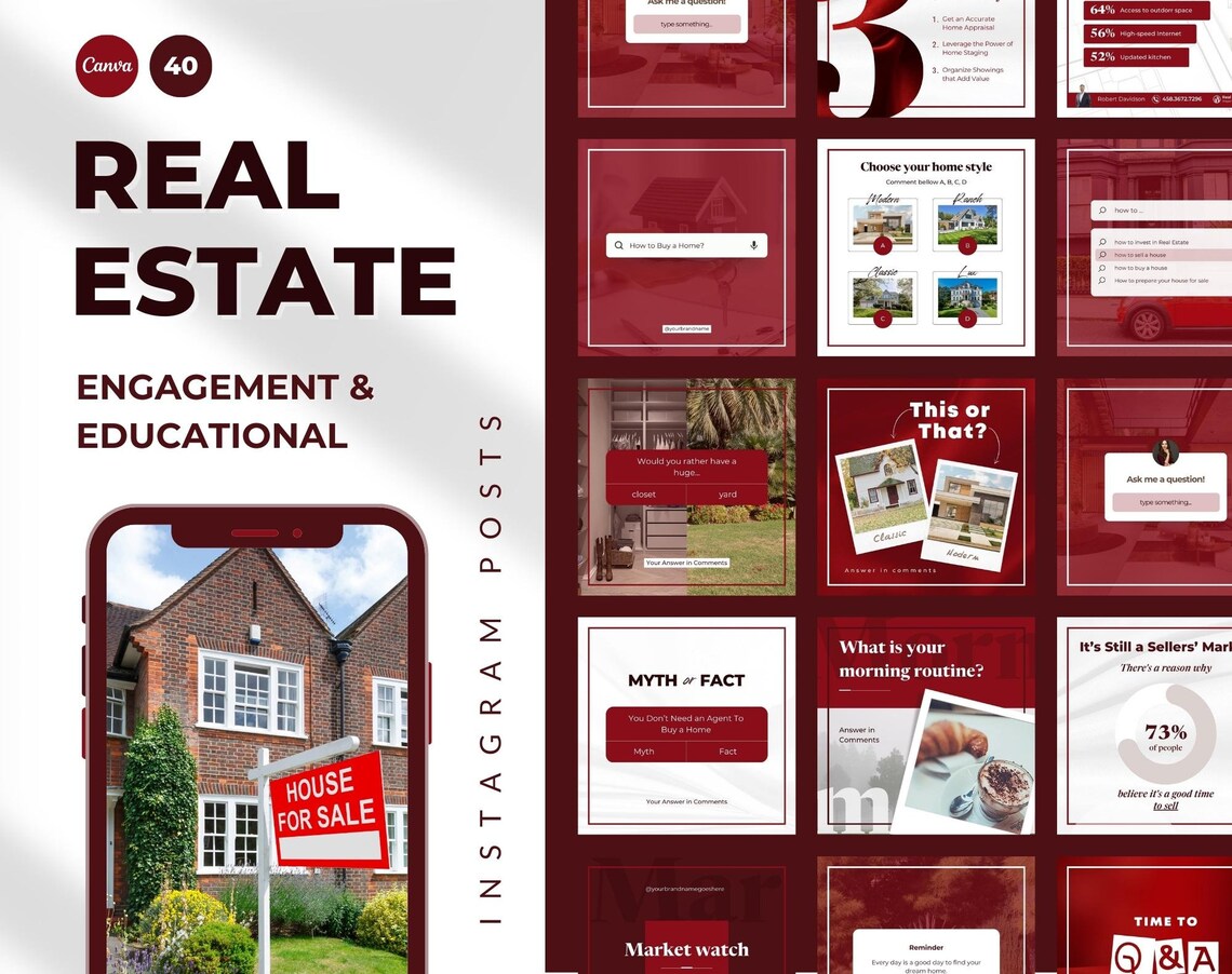 Real Estate Instagram Templates: Red Engagement Posts for Canva (40) - Etsy
