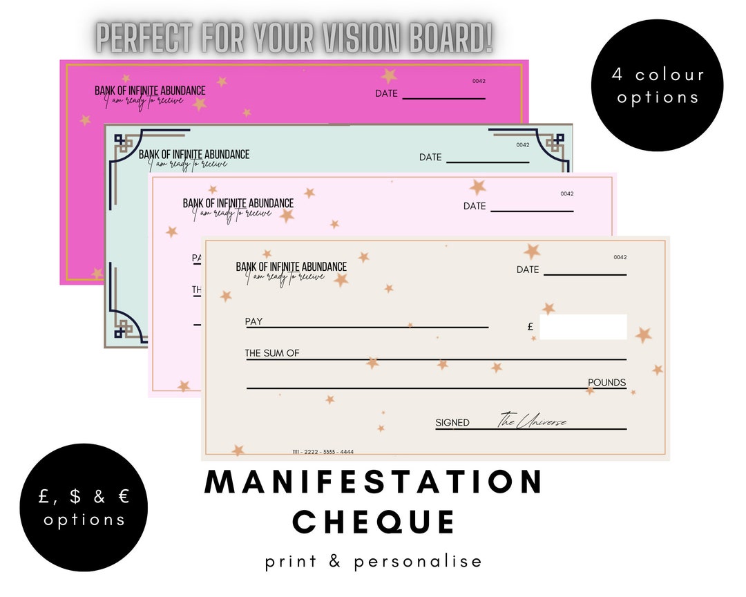 Manifestation Cheque Blank Editable Cheque for Vision Board Money ...