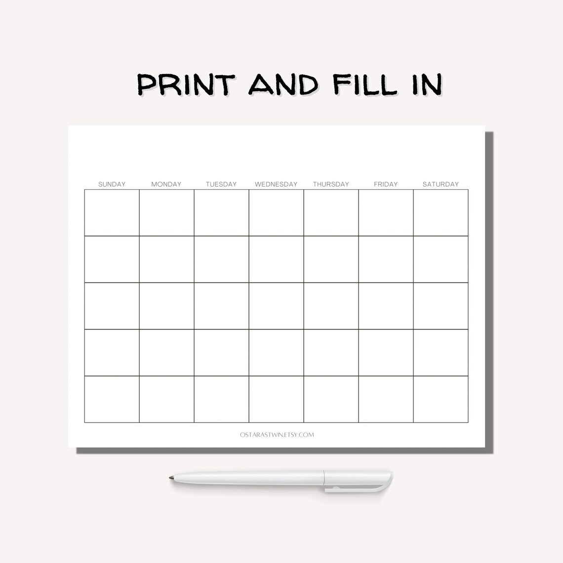 Blank Monthly Calendar Printable PDF Wall Calendar Minimalistic ...
