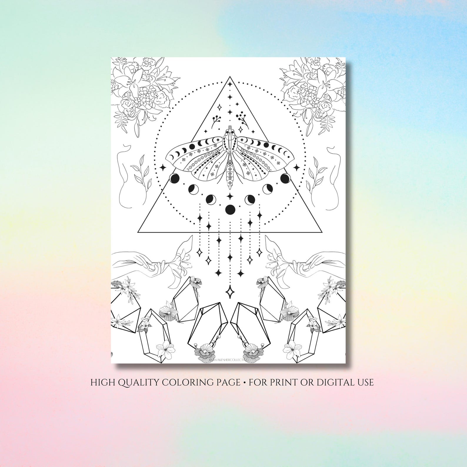 Geometric Lunar Moth Coloring Page - Witchy Coloring Page - Magical ...