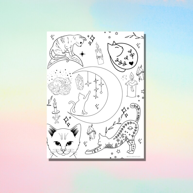 Crystals Candles & Cats Coloring Page Witch Coloring Page - Etsy