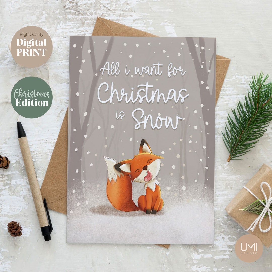Christmas Card Print, Happy Holiday, Cute Fox Illustration, Digital ...