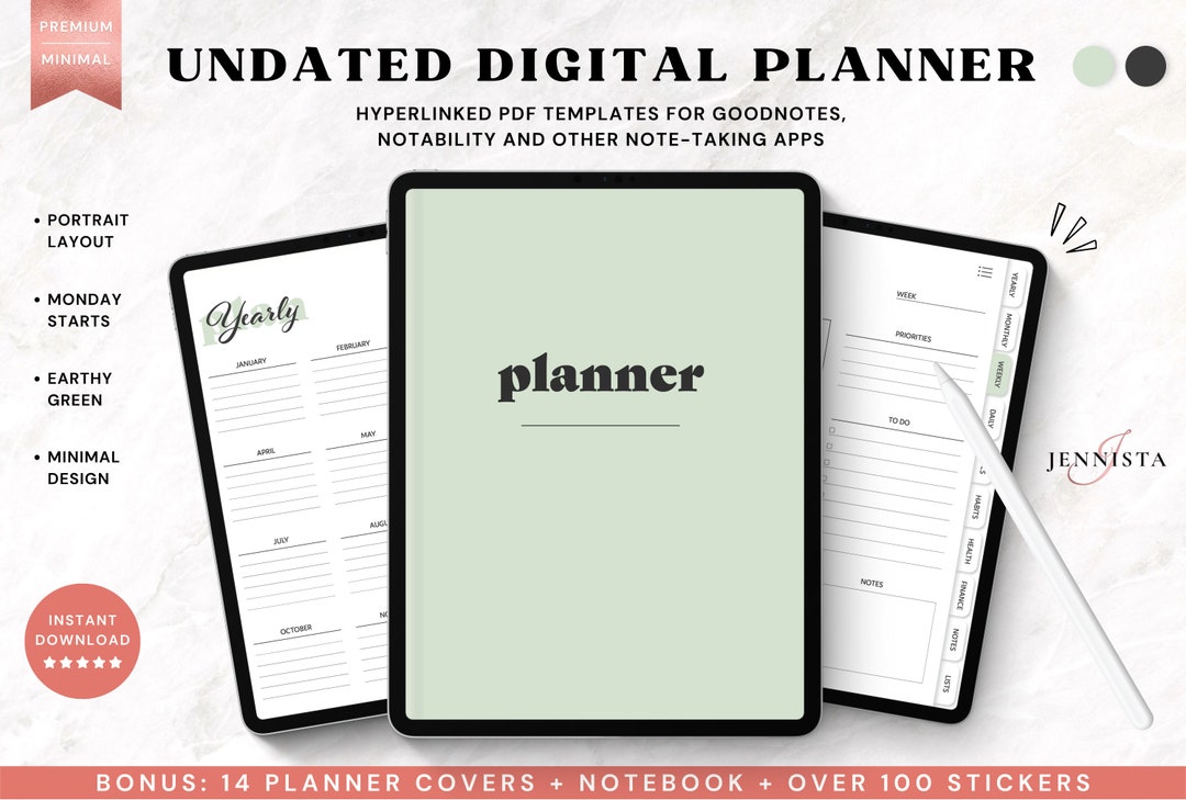 Undated Digital Planner, Goodnotes Planners, Notability Planner, iPad ...