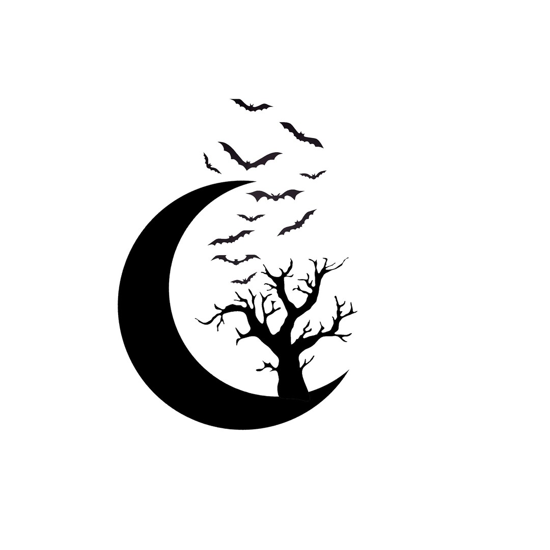 Halloween Spooky Crescent Moon, Crooked Tree, and Bat Digital Download ...
