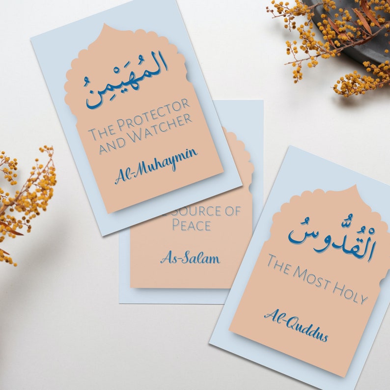 99 Names of Allah Art 99 Names of Allah Cards Blue Pink Arabic Text ...