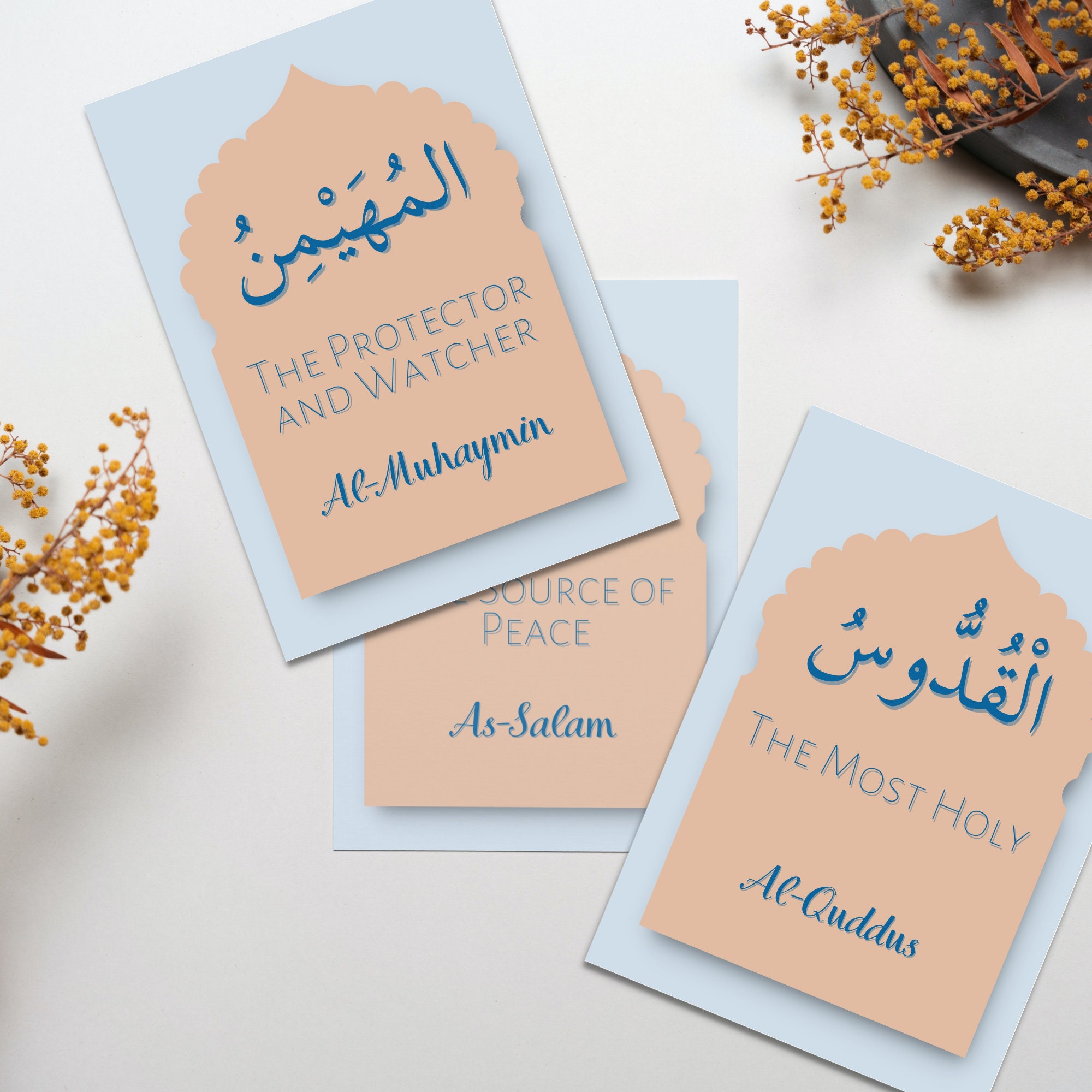 99 Names of Allah Art 99 Names of Allah Cards Blue Pink Arabic Text ...