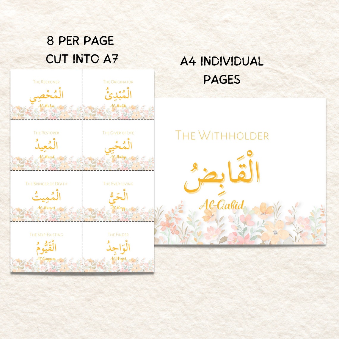 99 Names of Allah Art | 99 Names of Allah Cards | White Floral Gold - Arabic, English ...