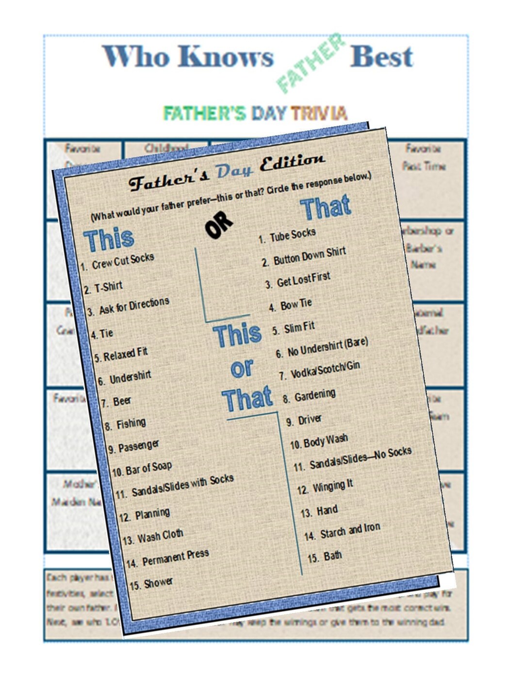 This or That, Who Knows Father Best, Father's Day, Celebrating Dads - Etsy