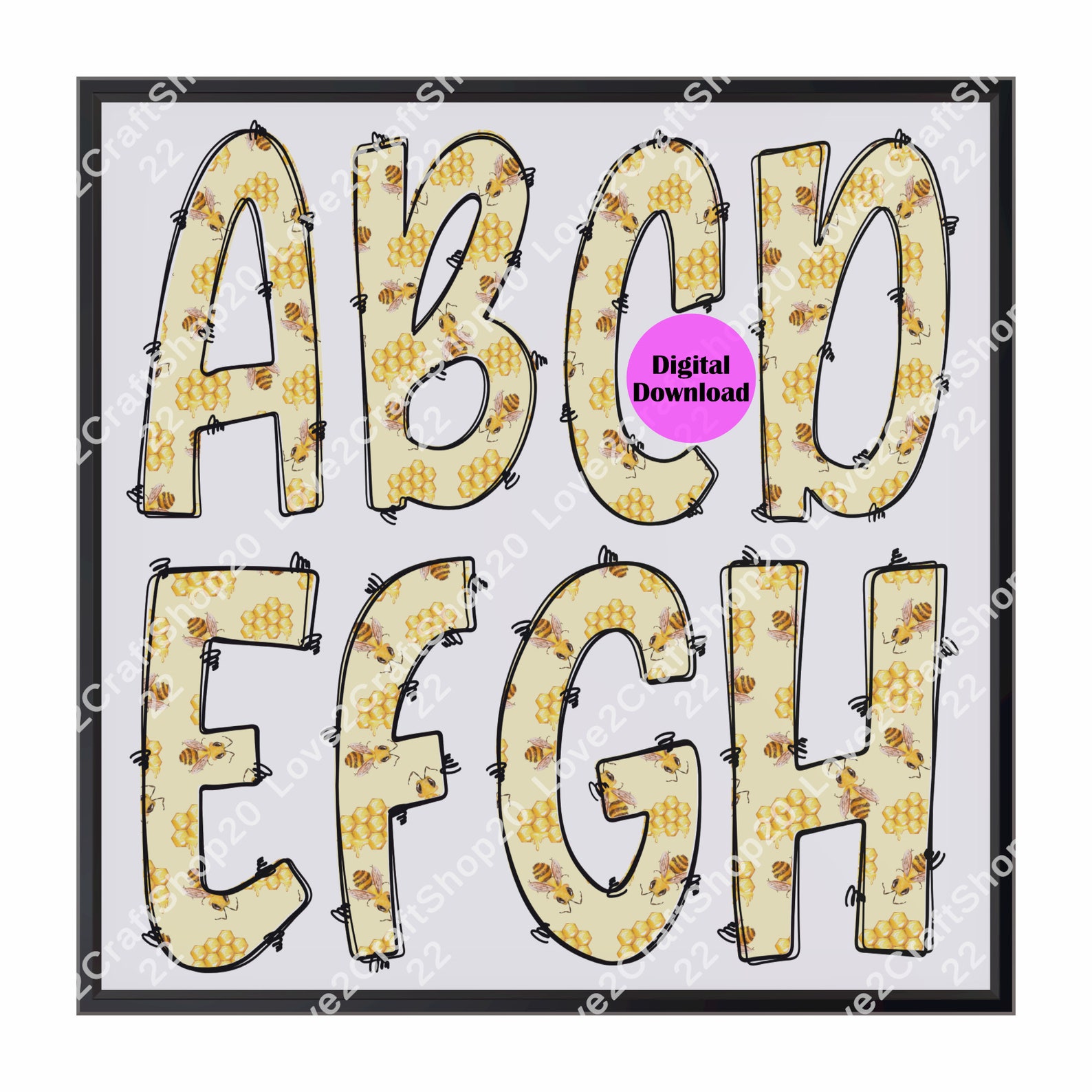 Adorable Bees and Floral Doodle Font Alphabet Letters Transparent Pngs ...