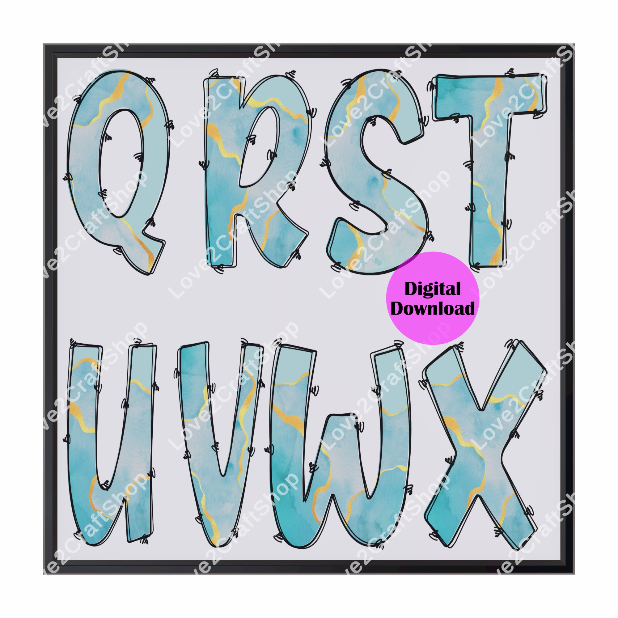 Teal Gold Agate Doodle Font Alphabet Letters Sublimation PNG Teal Agate ...
