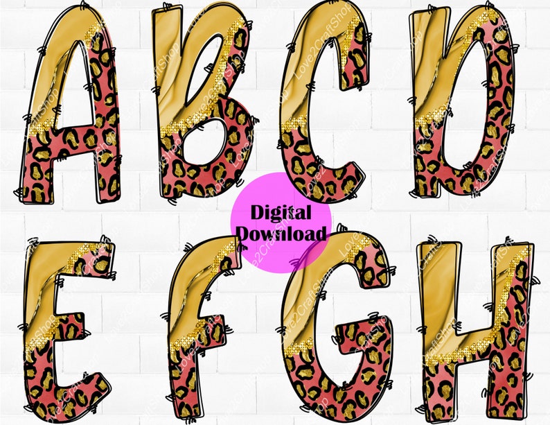 Pink Leopard Doodle Font Alphabet Letters Sublimation PNG Leopard Print ...