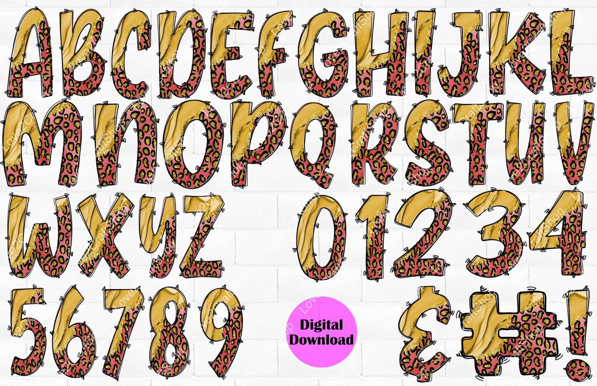 Pink Leopard Doodle Font Alphabet Letters Sublimation PNG Leopard Print ...