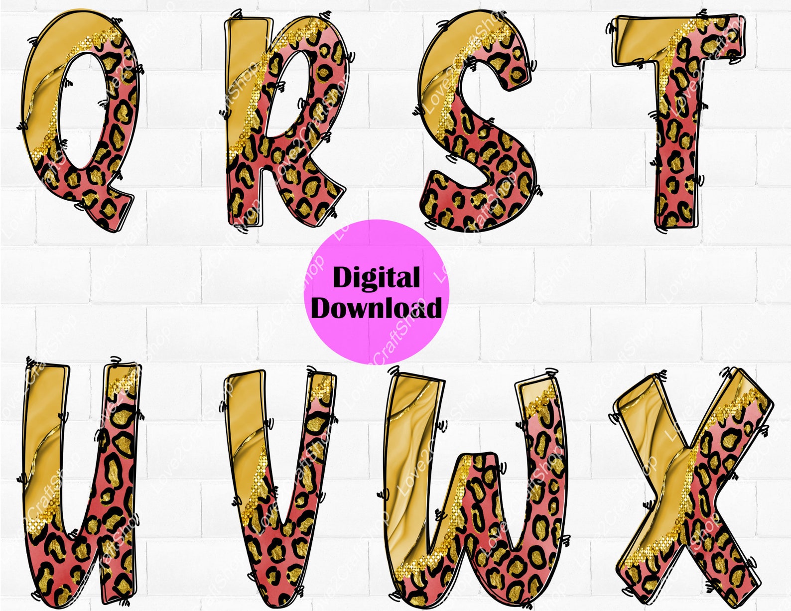 Pink Leopard Doodle Font Alphabet Letters Sublimation PNG Leopard Print ...