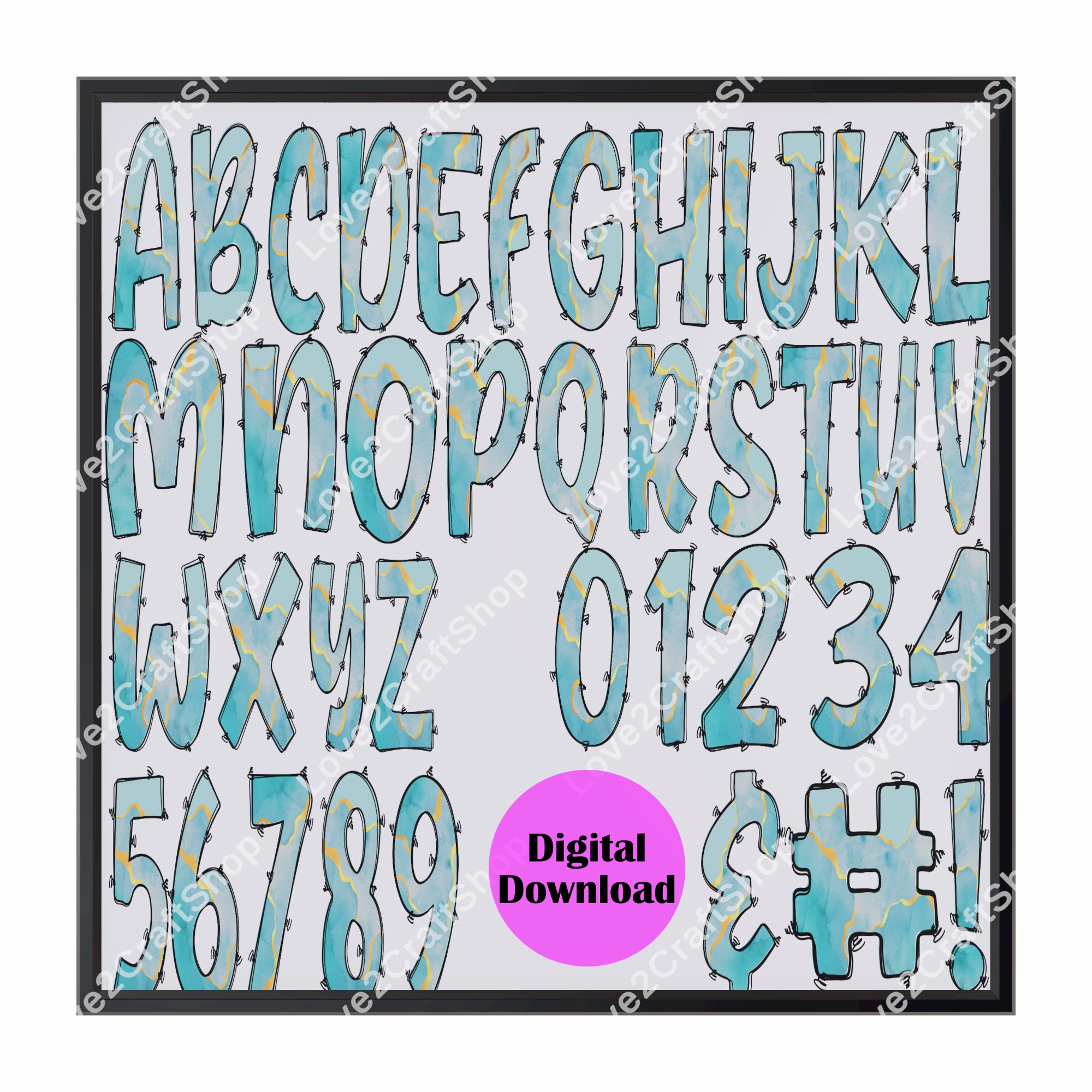 Teal Gold Agate Doodle Font Alphabet Letters Sublimation PNG Teal Agate ...