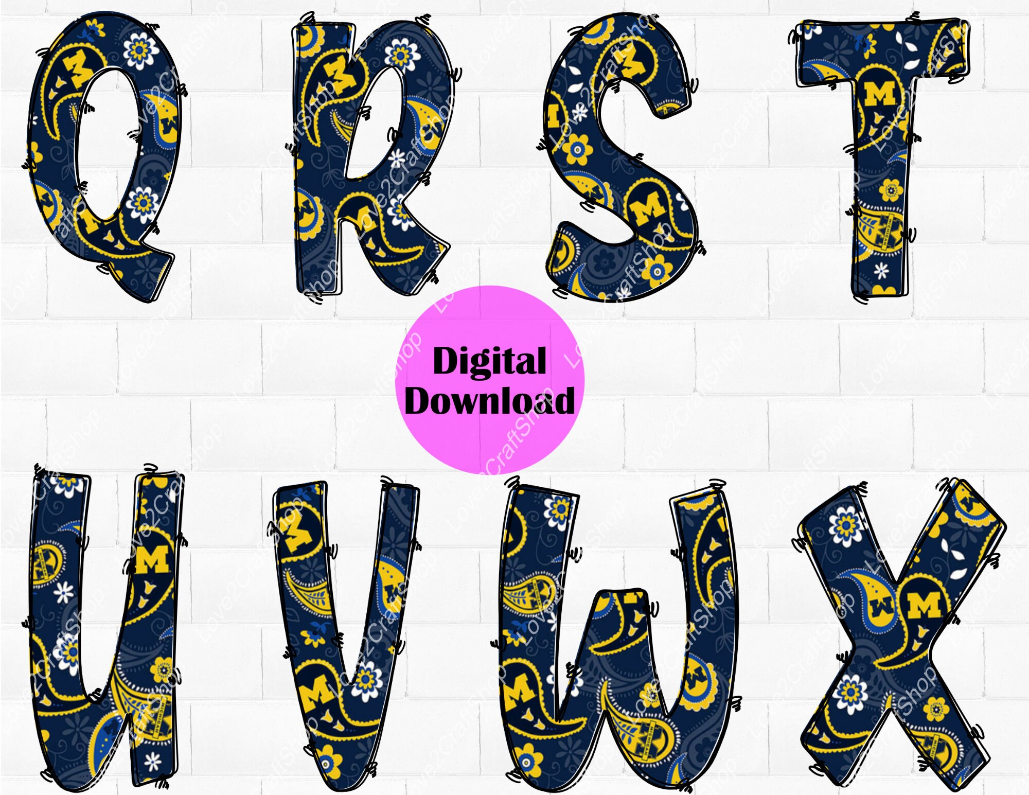 University of Michigan Wolverines Doodle Font Alphabet Letters PNG ...