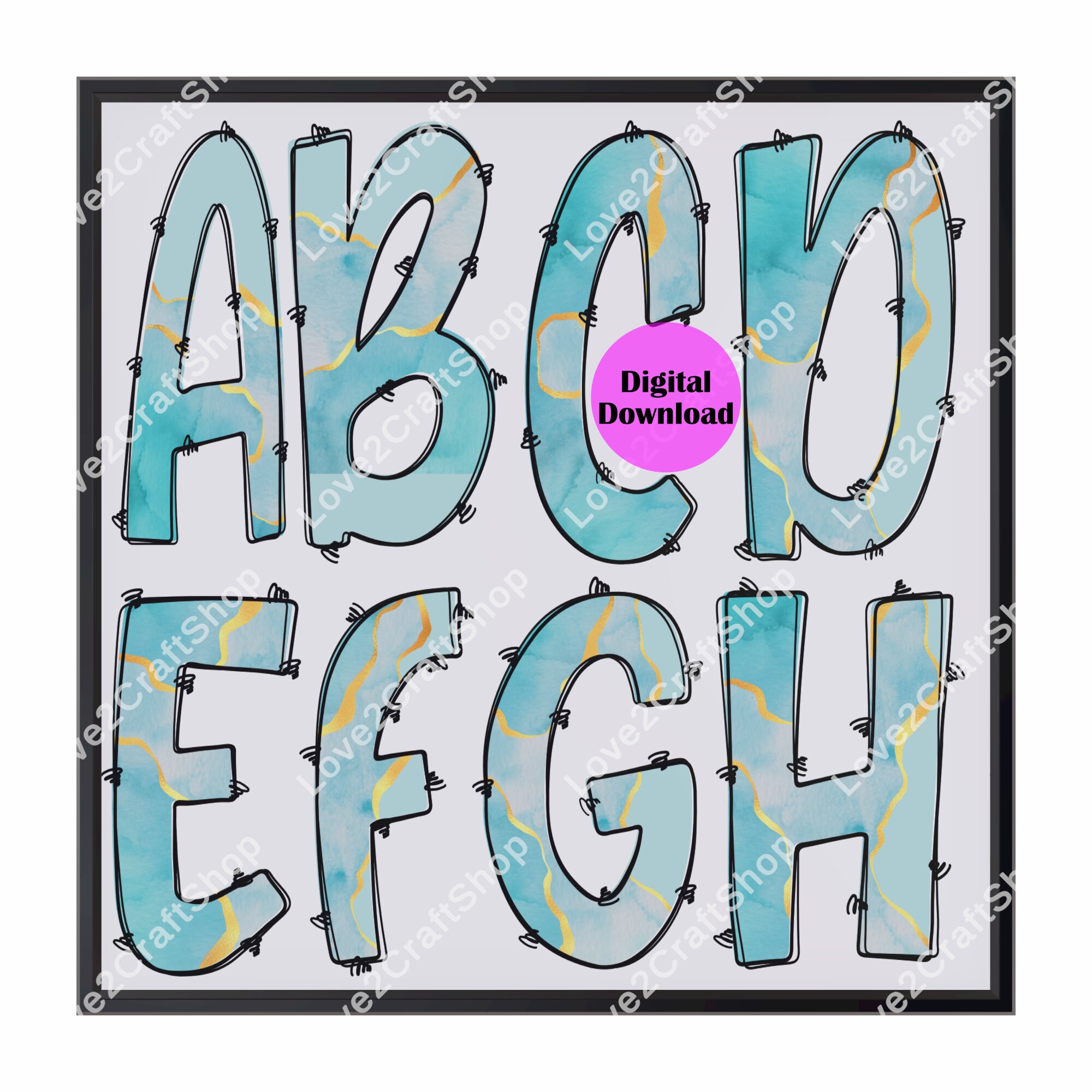 Teal Gold Agate Doodle Font Alphabet Letters Sublimation PNG Teal Agate ...