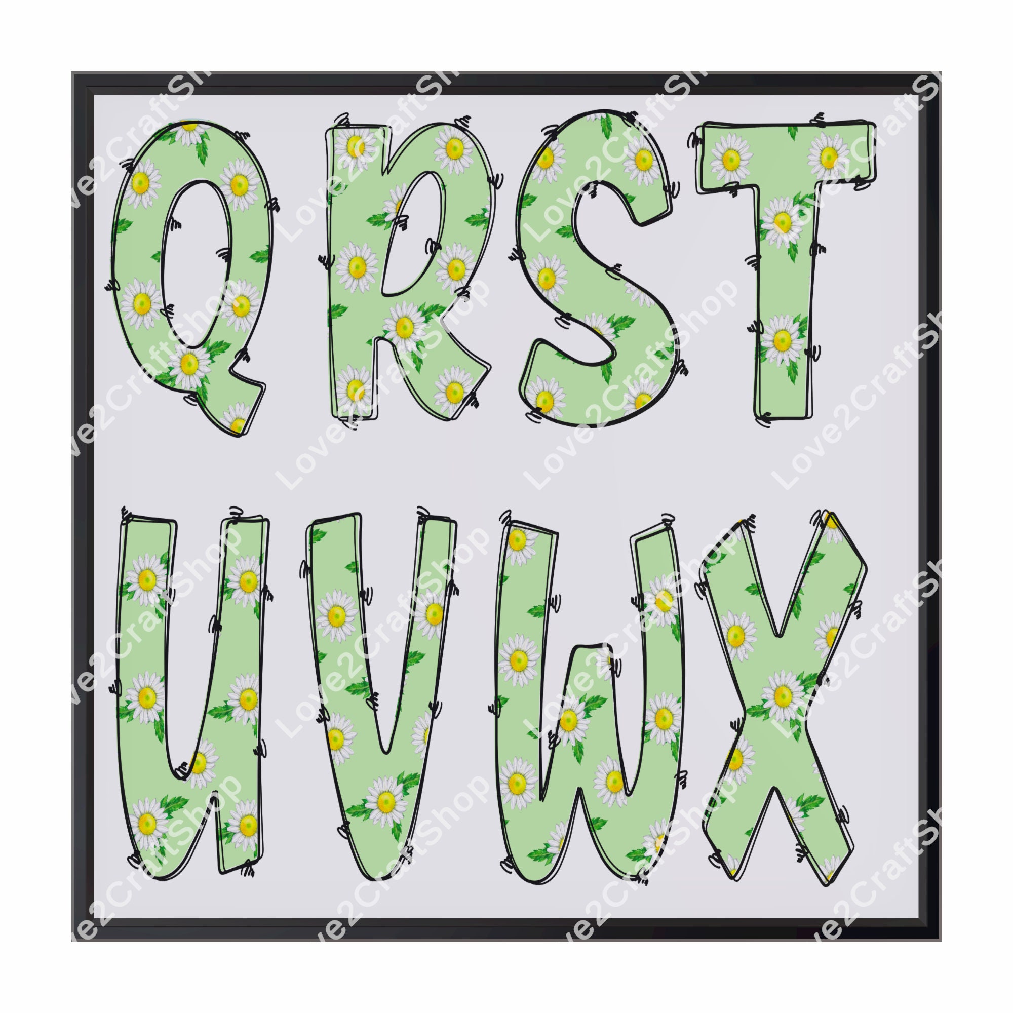 Daisies Green White Daisy Doodle Font Alphabet Letters Sublimation PNG ...