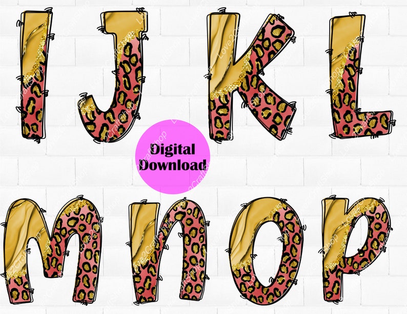 Pink Leopard Doodle Font Alphabet Letters Sublimation PNG Leopard Print ...