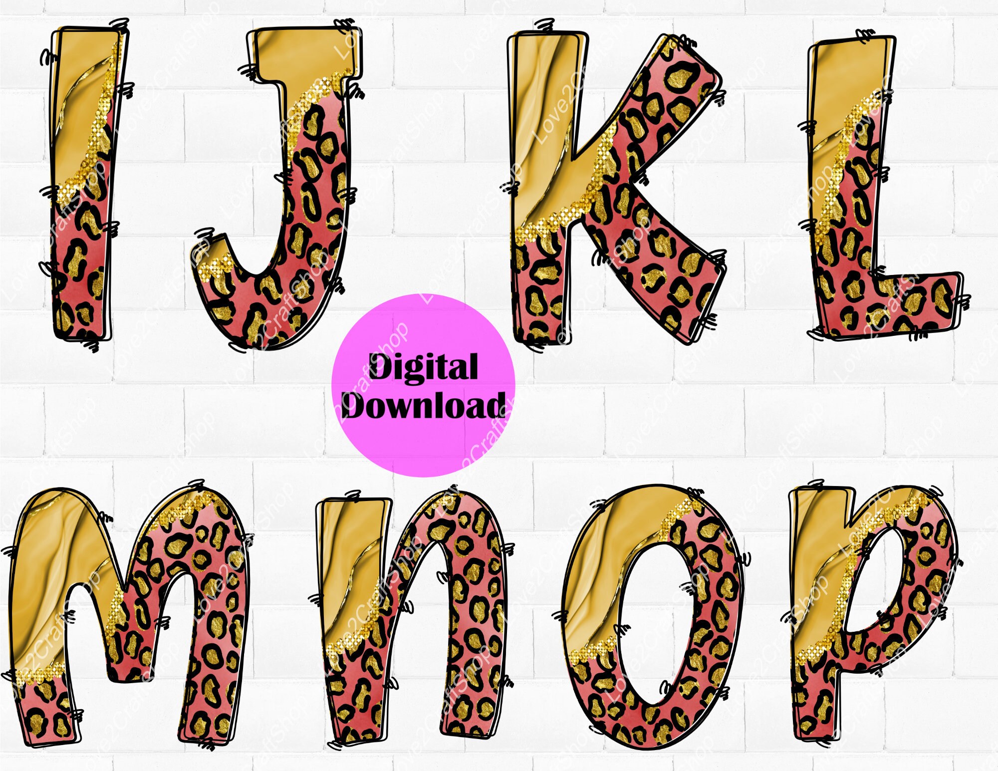 Pink Leopard Doodle Font Alphabet Letters Sublimation PNG Leopard Print ...