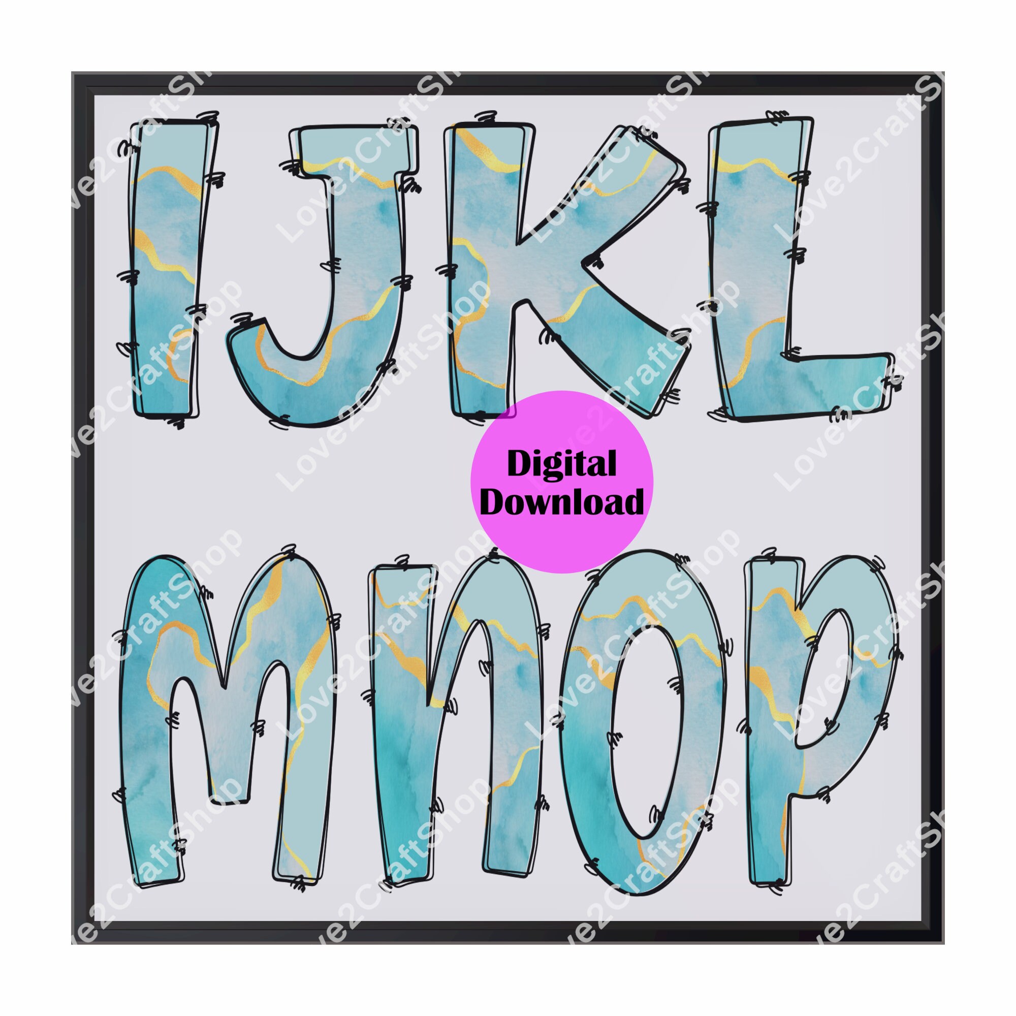 Teal Gold Agate Doodle Font Alphabet Letters Sublimation PNG Teal Agate ...