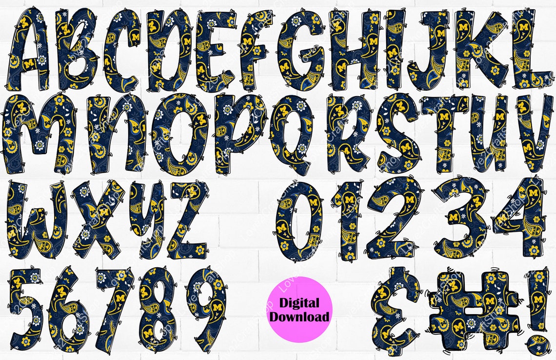 University of Michigan Wolverines Doodle Font Alphabet Letters PNG ...