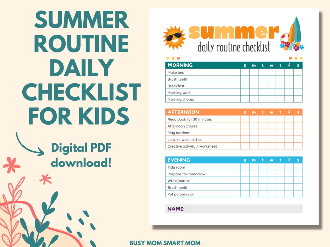 Printable Summer Routine Checklist for Kids | Kids Daily Summer Chore ...