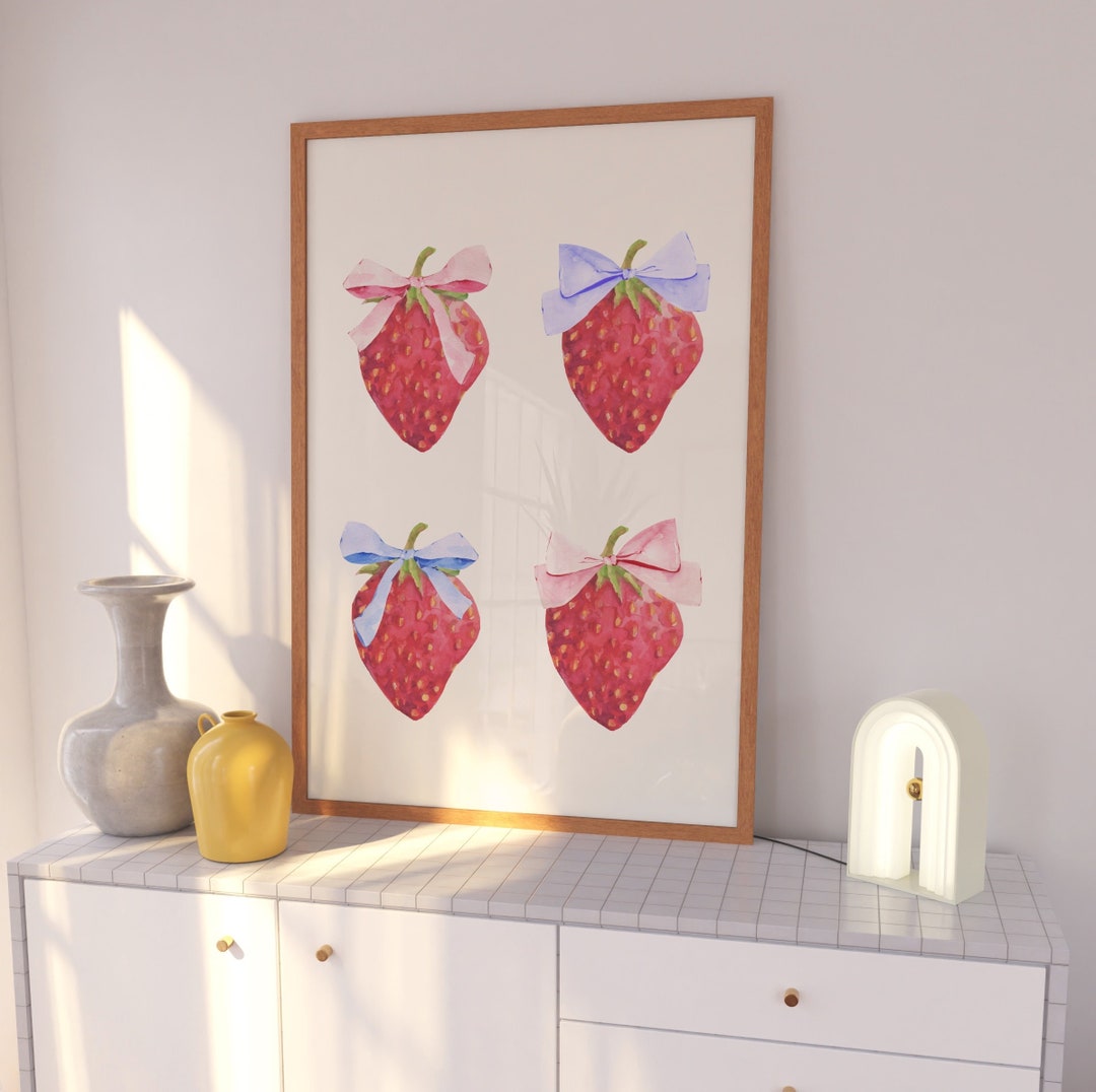Coquette Pink and Blue Bow Strawberries, Coquette Room Decor Preppy ...
