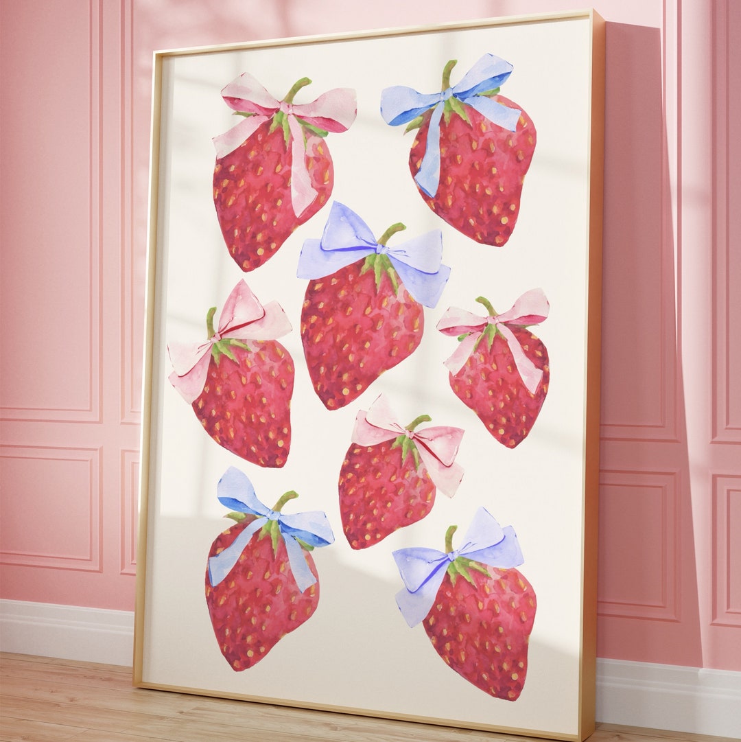Coquette Pink and Blue Bow Strawberries, Coquette Room Decor Preppy ...