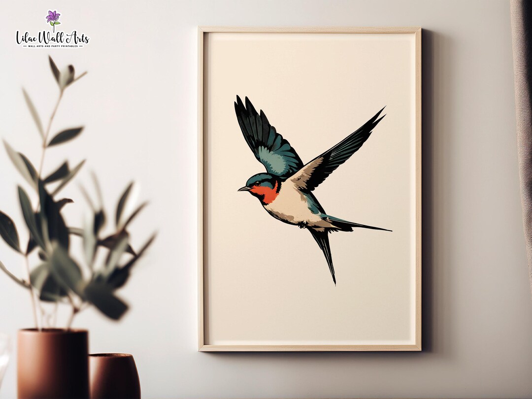 Flying Swallow Bird Print: Bird Poster, Boho Muted Wall Art (digital ...