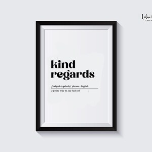 Kind Regards Definition Print Printable Wall Art Coworker Gift Office ...