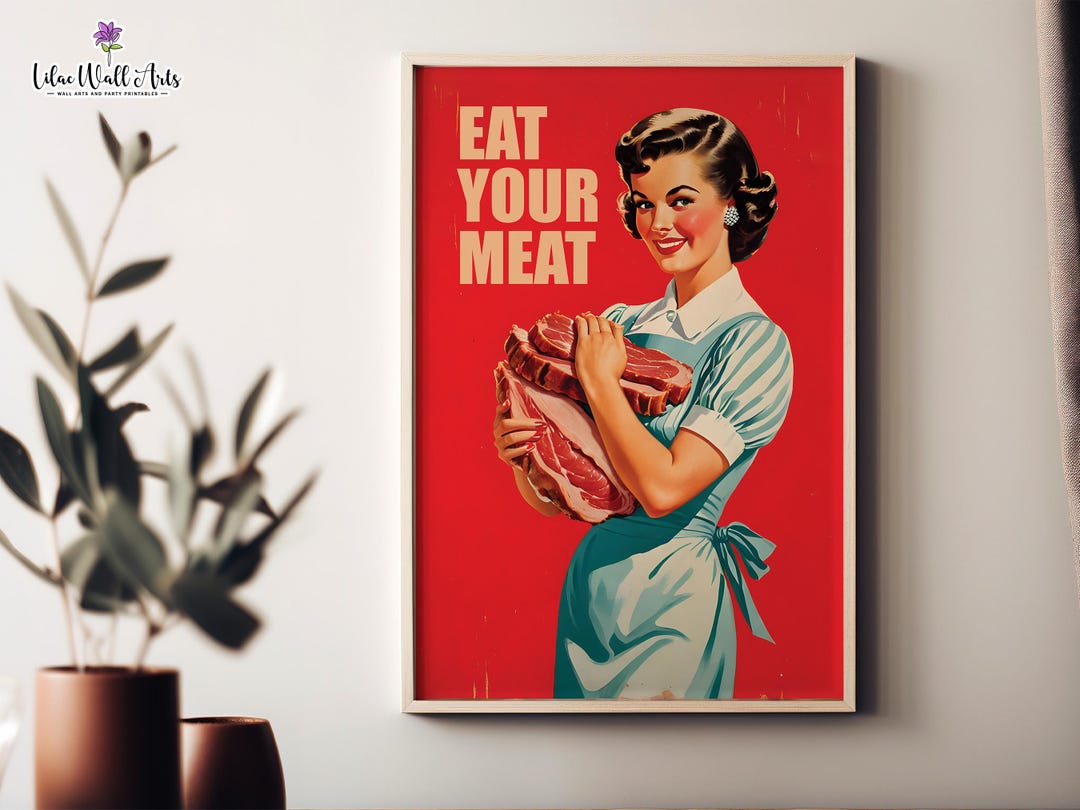 Eat Your Meat Art: Retro Woman Poster, 70s Kitchen Décor (digital ...