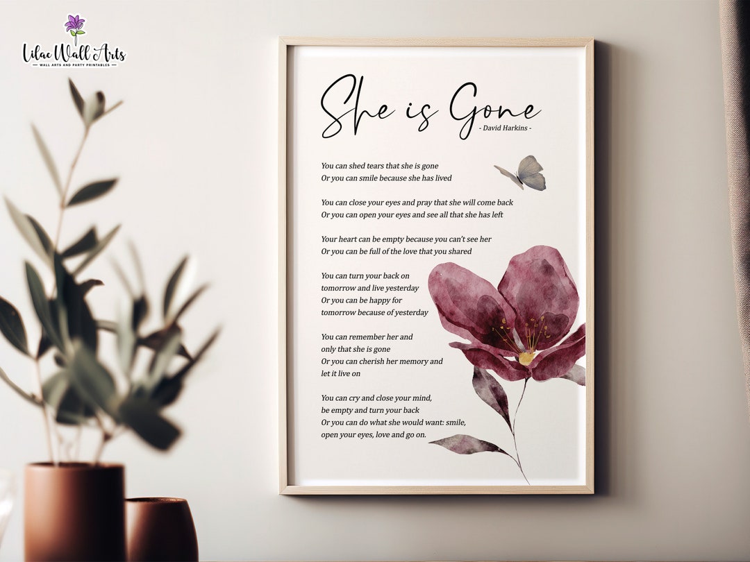Bereavement Poem Print: "she is Gone" Memorial Poem Wall Art (digital ...