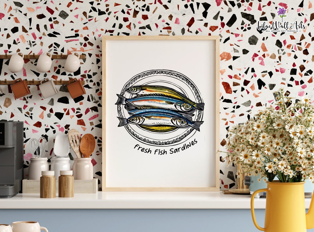Sardines Print, Hand Drawn Food Printable Art, Seafood Poster, Seafood ...