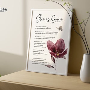 Bereavement Poem Print: "she is Gone" Memorial Poem Wall Art (digital ...