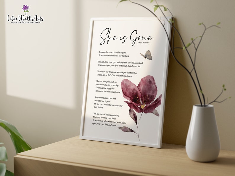 Bereavement Poem Print: "she is Gone" Memorial Poem Wall Art (digital ...