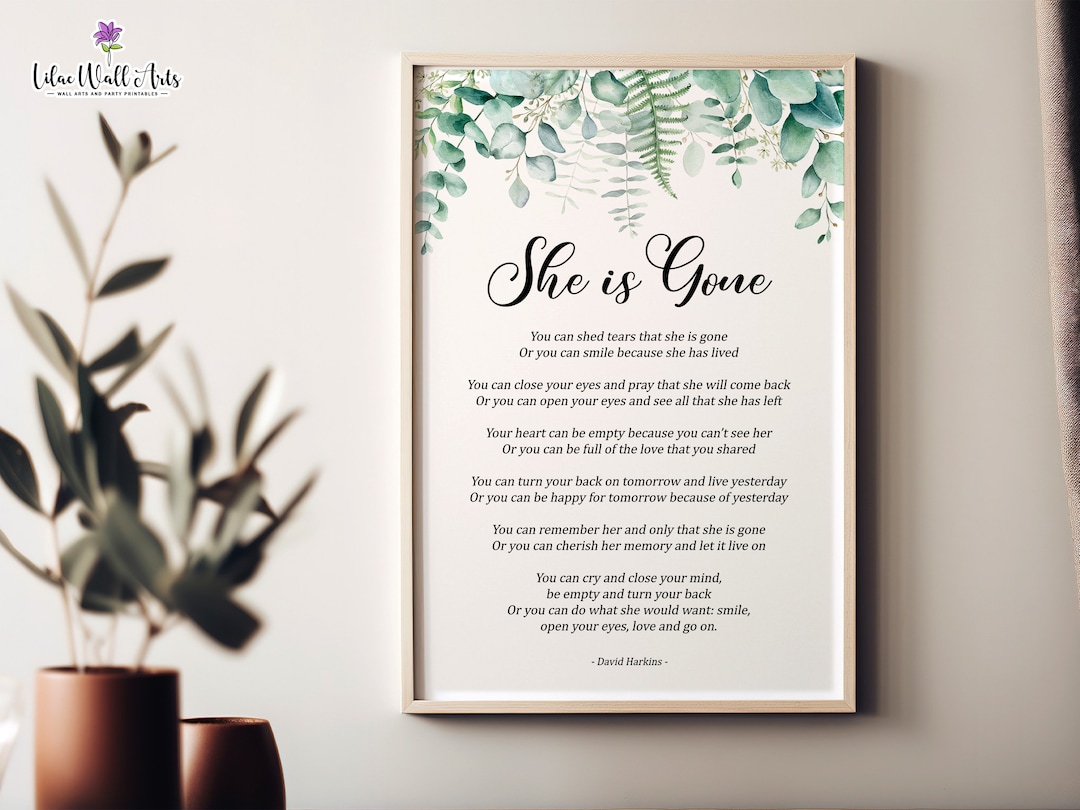 She is Gone Poem Wall Art, Memorial Gift, Sympathy Gift, Mourning ...