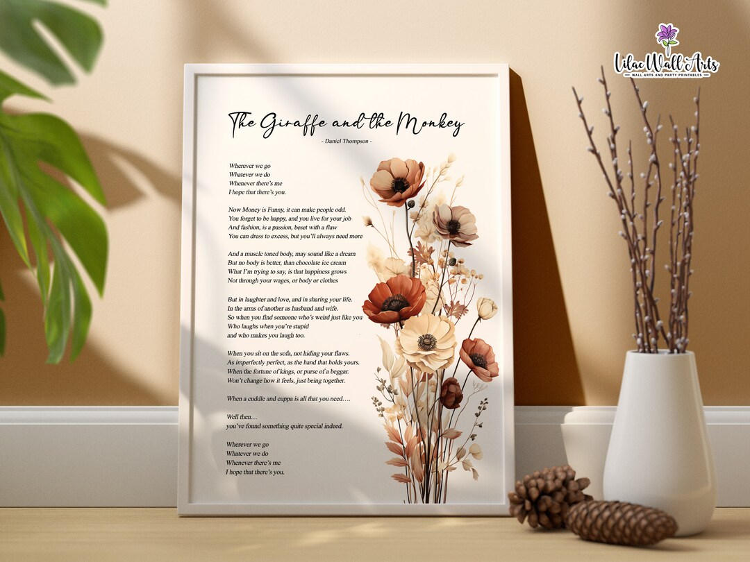 The Monkey and the Giraffe Love Poetry Print, Love Poem Print, Poem ...