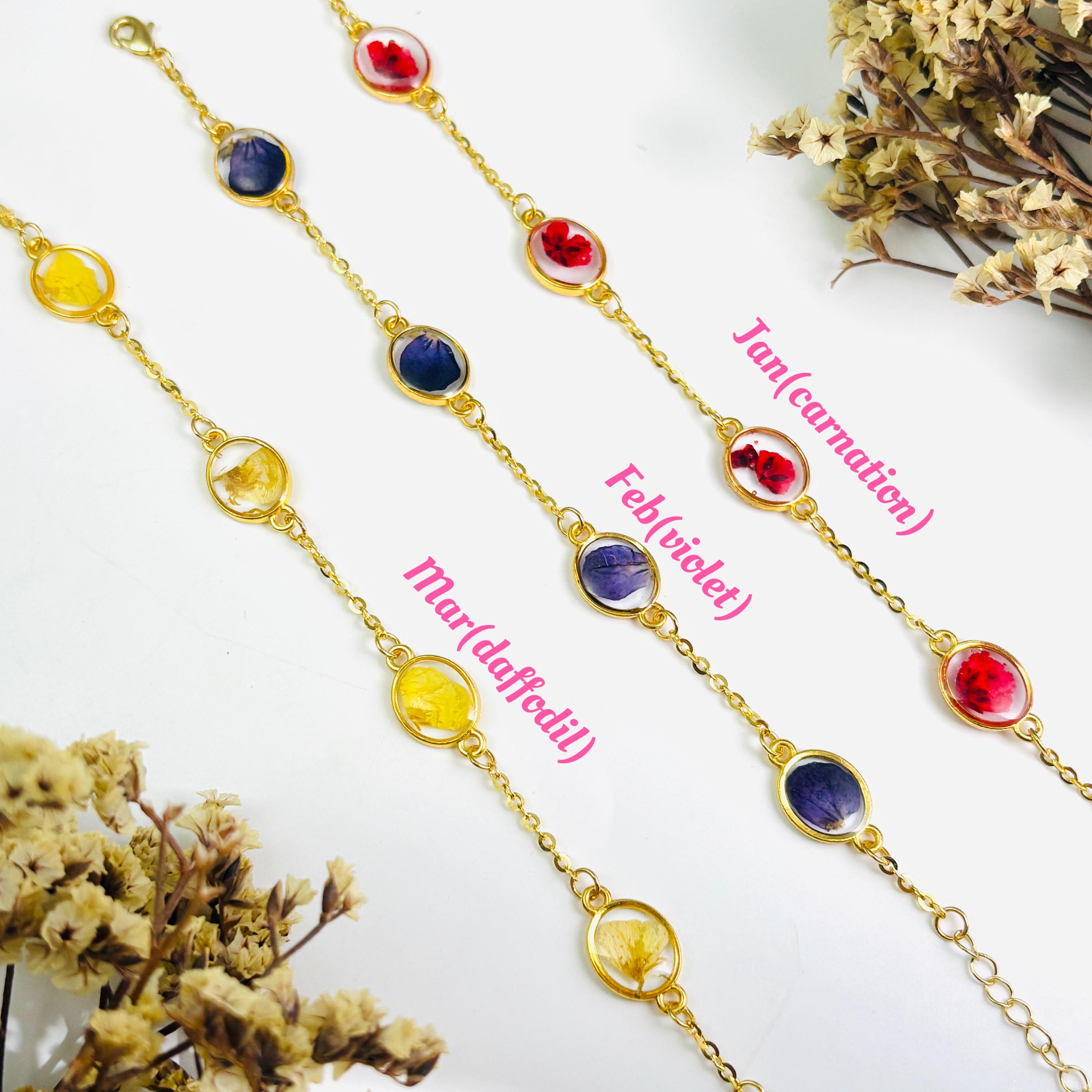 Real Birth Flower Bracelets, Custom Floral Resin Bracelet, Birthday ...