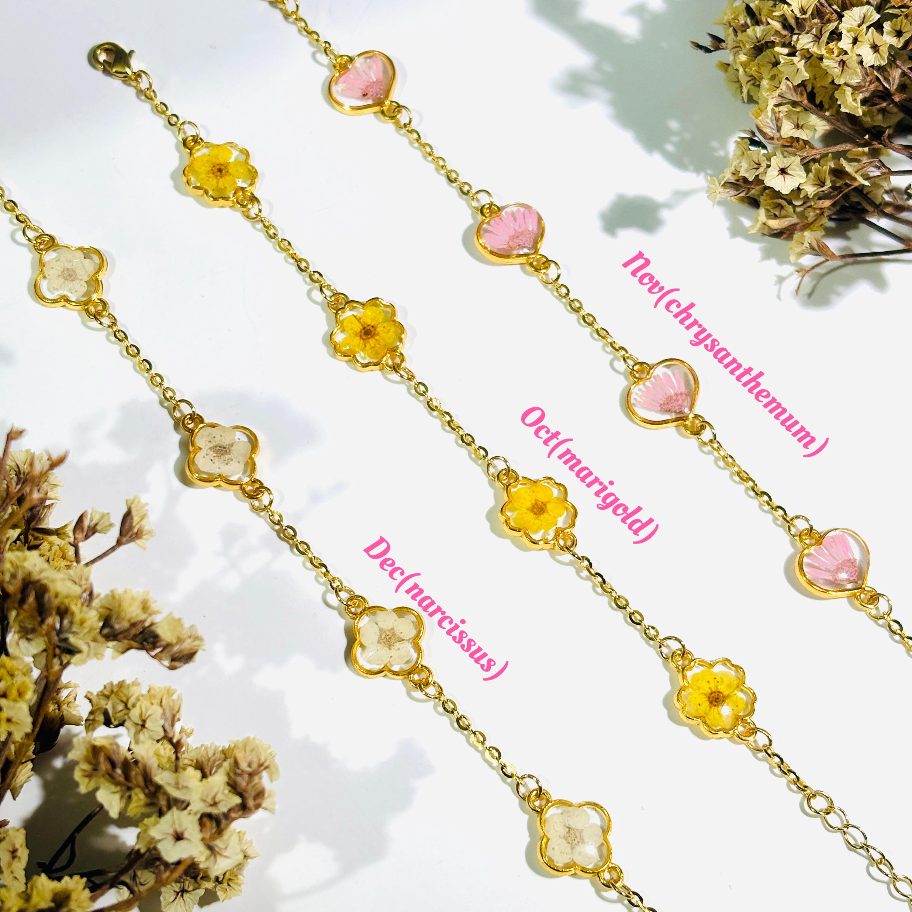 Real Birth Flower Bracelets, Custom Floral Resin Bracelet, Birthday ...