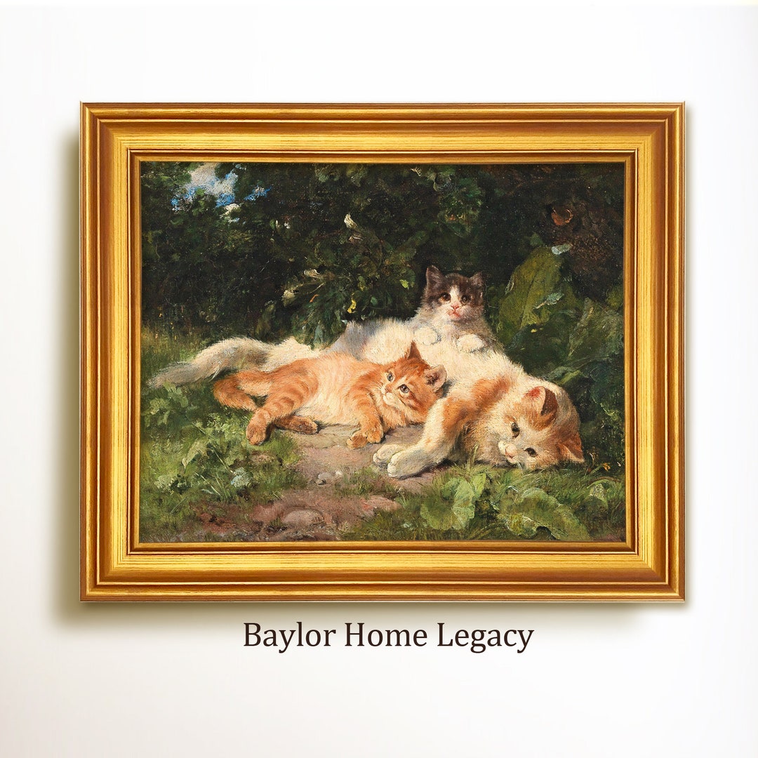 Framed Cat Oil Painting Canvas Print, Cat and Kittens in Landscape ...