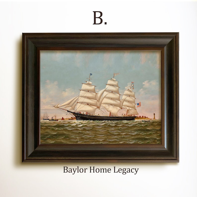 Framed Clipper Ship Oil Painting Print on Canvas, Vintage Nautical ...