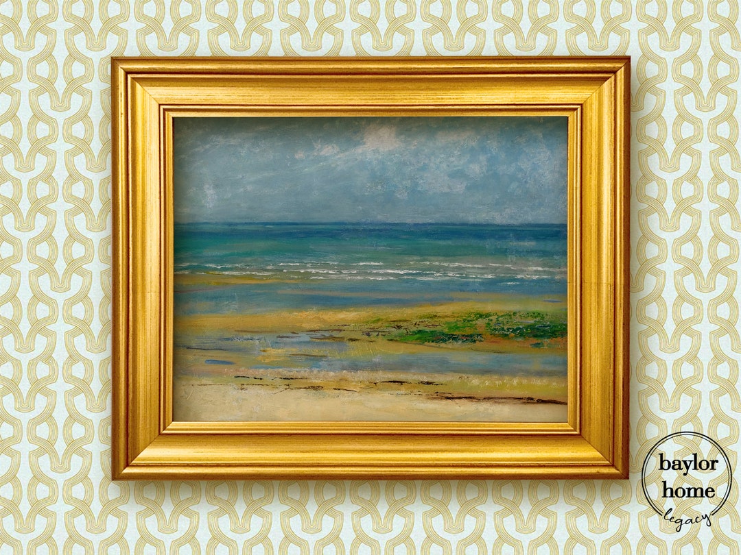 Framed Abstract Blue Seascape Painting, Beach Scene Print on Canvas ...