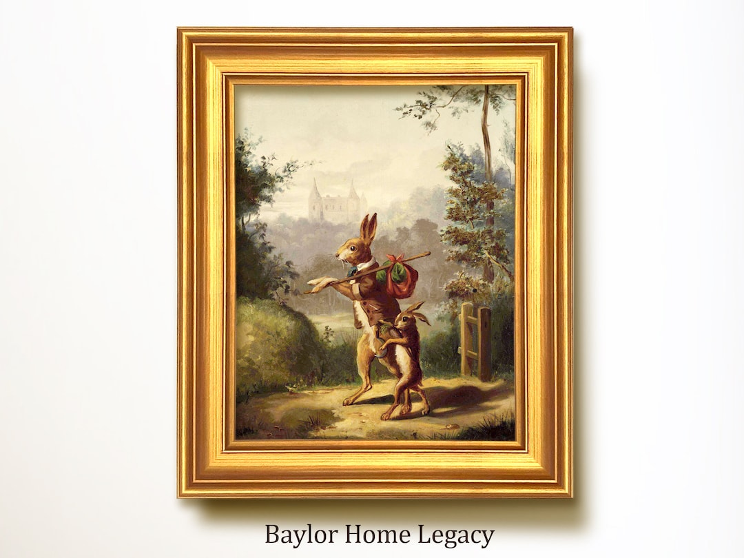 Framed Walking Rabbits Oil Painting Print on Canvas, Framed Vintage ...