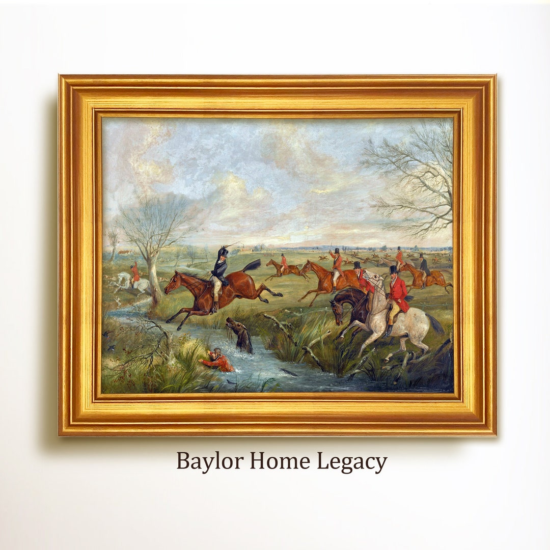 Framed Fox Hunting Scene Oil Painting Print on Canvas, Hunters and ...