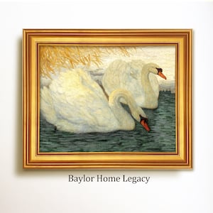 Framed White Swans in a Pond Oil Painting Canvas Print, Vintage Country ...