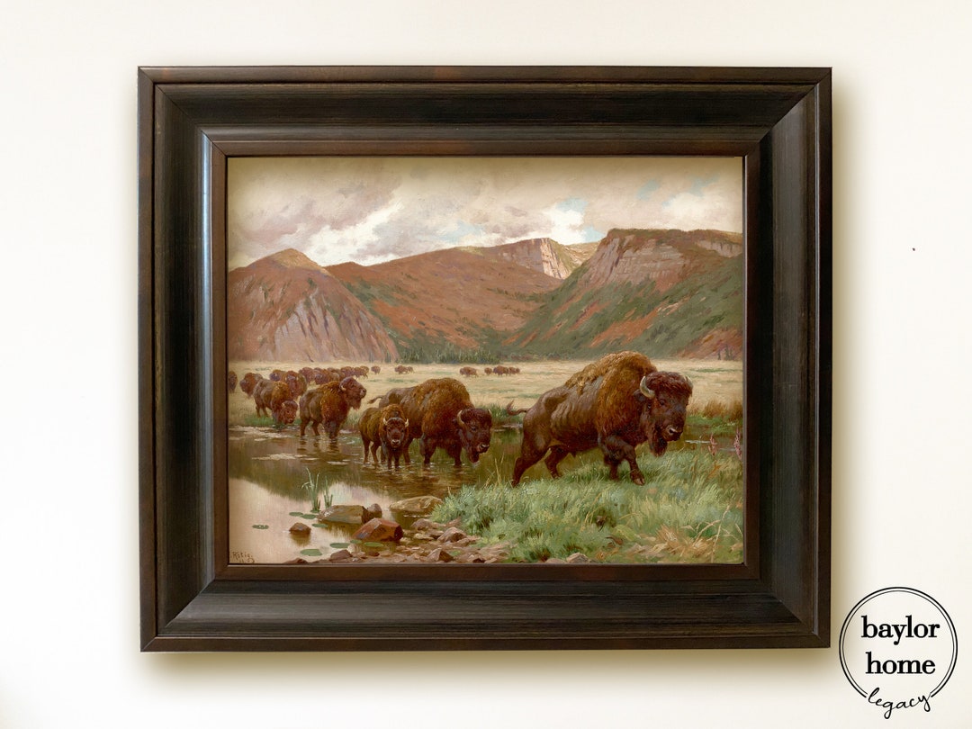 Framed Buffalo Painting, Herd of Buffalo Oil Painting Print on Canvas ...