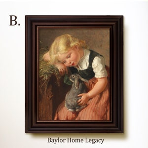 Framed Girl Holding Bunny Oil Painting Print on Canvas, Vintage Child ...