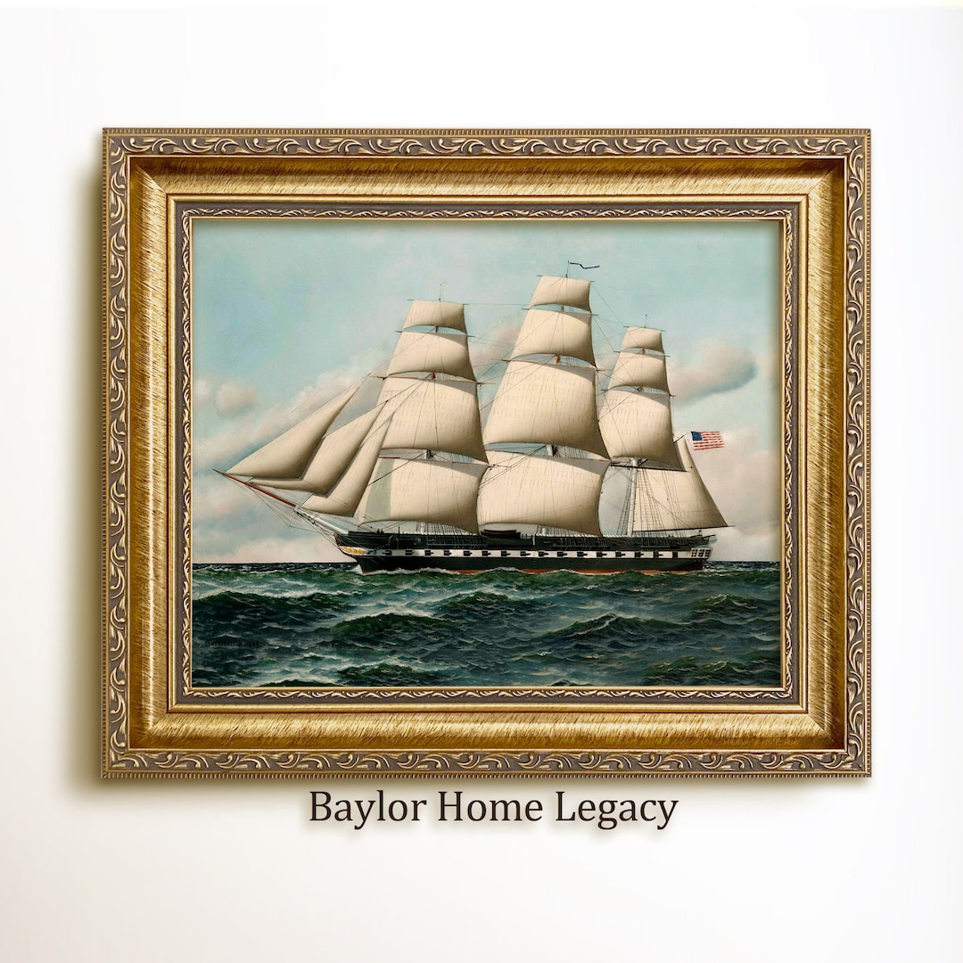 Framed USS Constitution Oil Painting Print on Canvas, Vintage Nautical ...